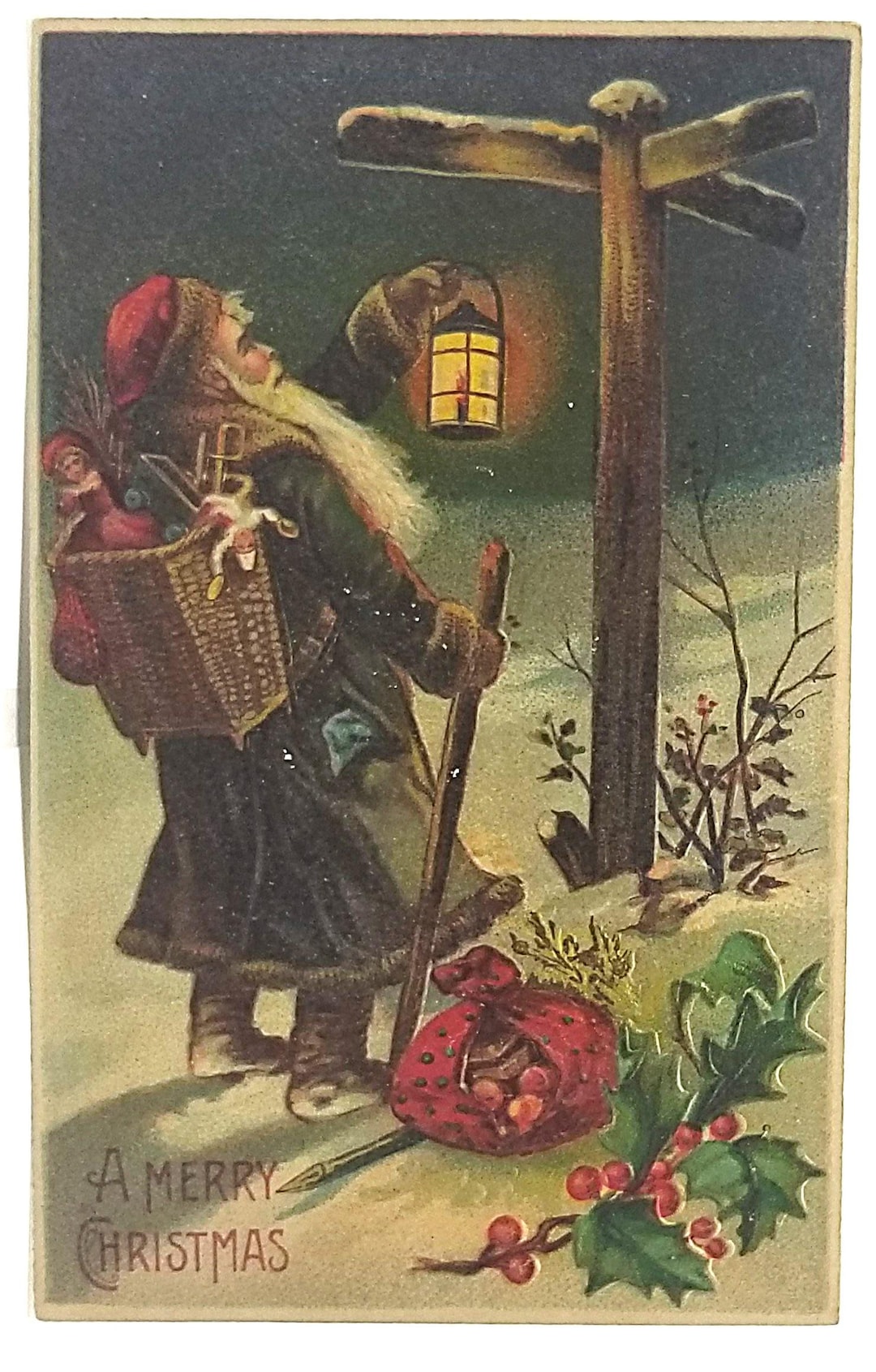 Vintage Christmas Postcard, Santa Claus in Blue Robe Holding Lantern BW 296 Germany, St Nick ...