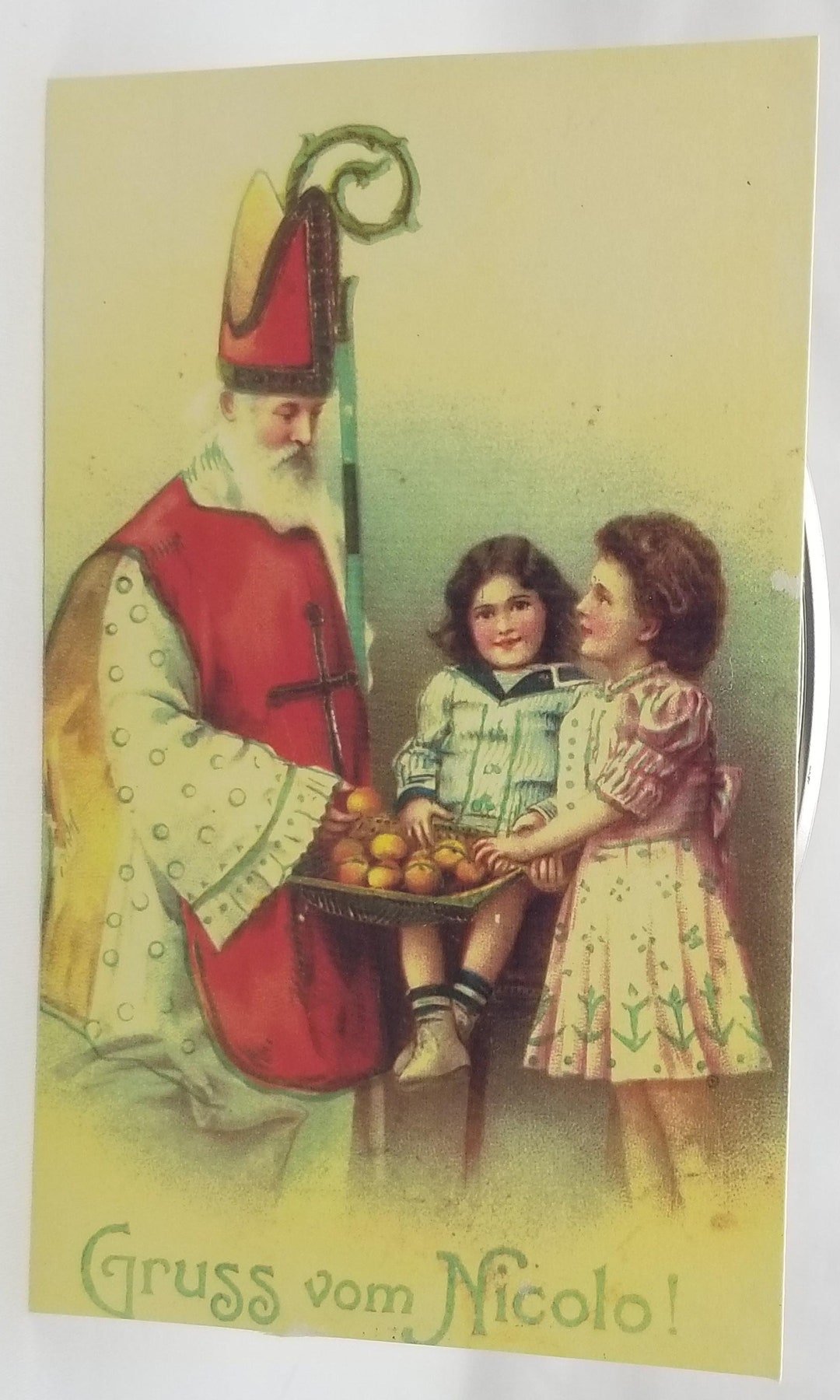 Christmas Postcard Santa Claus Old World St Nick Giving Children Fruit ...