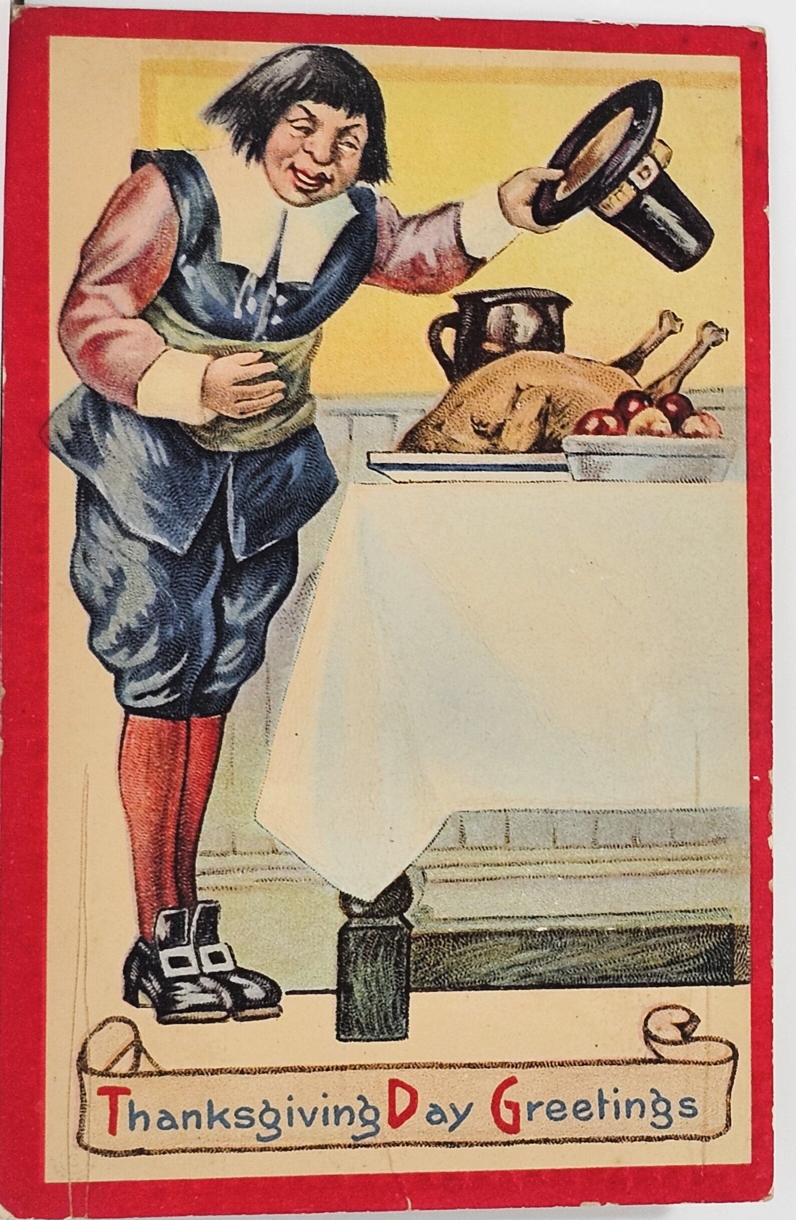 Thanksgiving Postcard Pilgrim Man With Turkey on Table Red Border ...