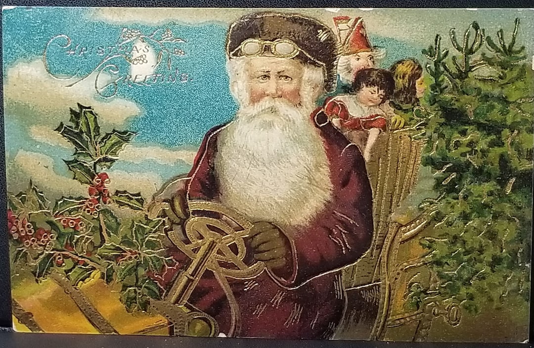 Christmas Postcard Old World Santa Claus in Maroon Robe and Goggles ...