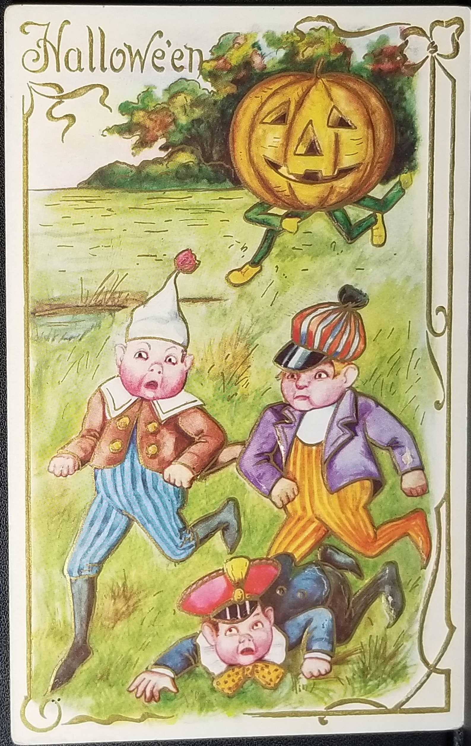 Halloween Postcard JOL Man Chasing Elves Down Hill Gold - Etsy
