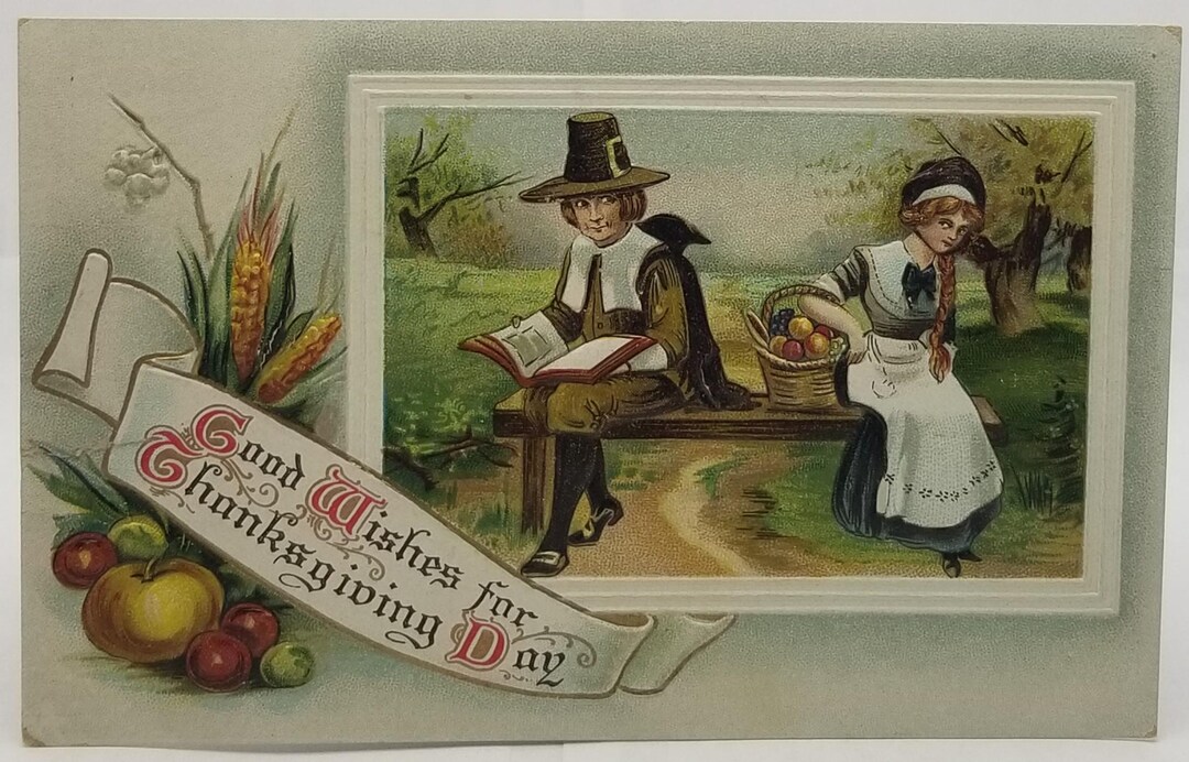 Thanksgiving Postcard Pilgrim and Maiden on Bench Playing Coy Series ...