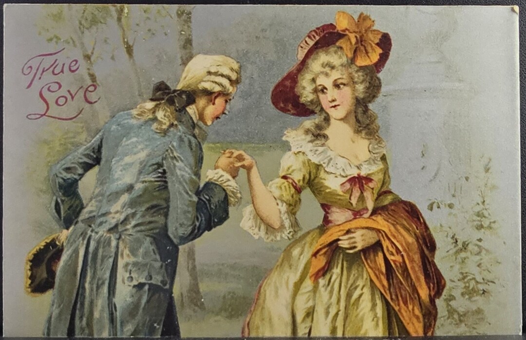 Valentine Postcard Colonial Couple Courting in Garden True Love Silver ...