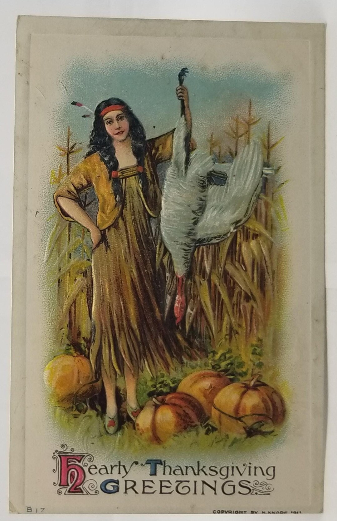 Thanksgiving Postcard Native American Indian Maiden Holding White ...
