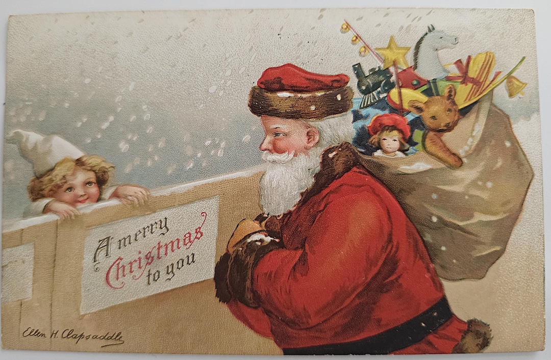 Christmas Postcard Santa Claus Artist Ellen Clapsaddle Holding Bag of ...