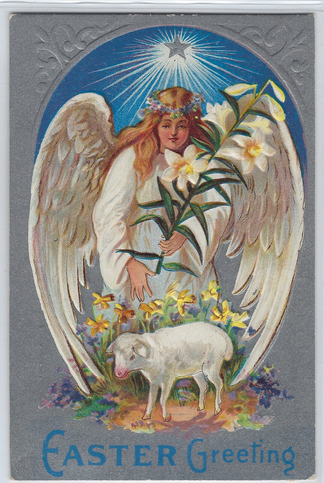 Easter Lily Series Postcard Angel in White With Sheep Silver Embossed ...