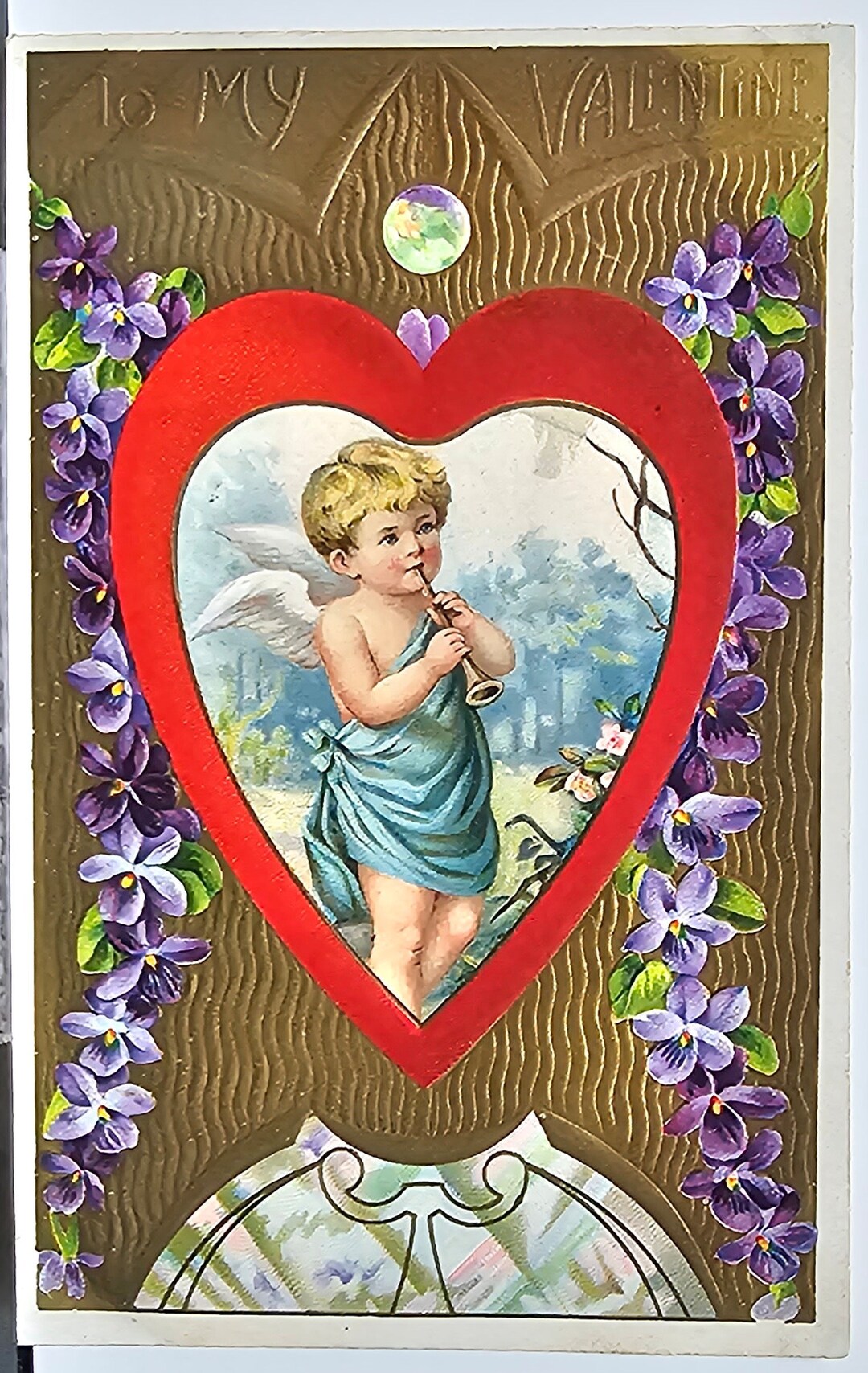 Valentine Postcard Cupid Playing Flute Giant Heart Gold Foil Background ...