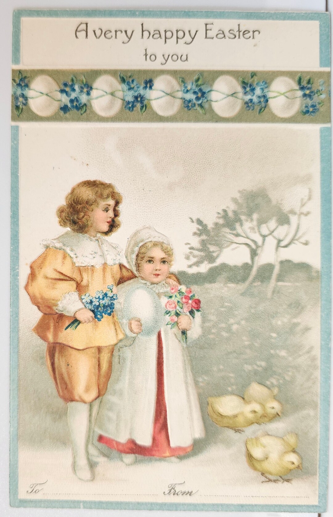 Easter Postcard Children Feeding Baby Chicks Early Ellen Clapsaddle IAP ...