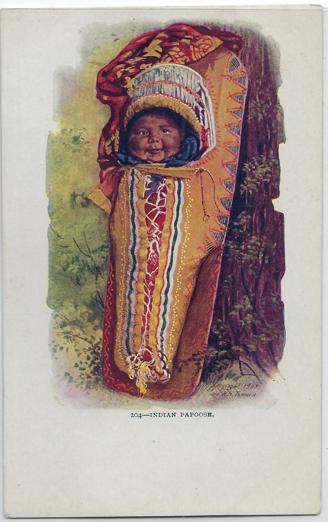 Artist Postcard Baby in Papoose Native American Child Signed H.H ...