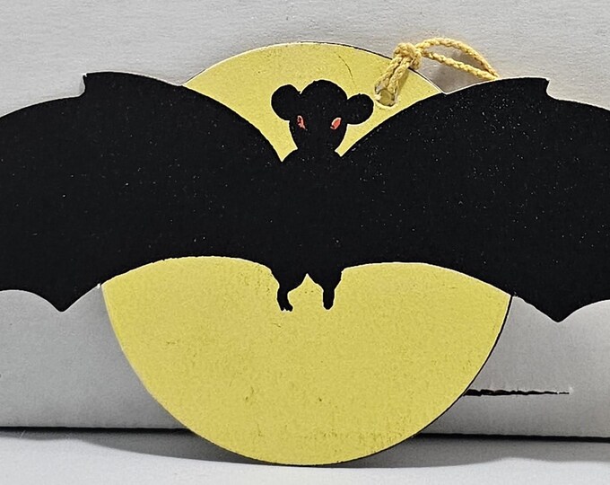 Vintage Halloween Decoration Tally Card Die Cut Bat With Orange Eyes in Front of Yellow Full ...