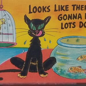 Comical Cat Postcard Black Kitty Licking Chops With Goldfish Bowl and ...