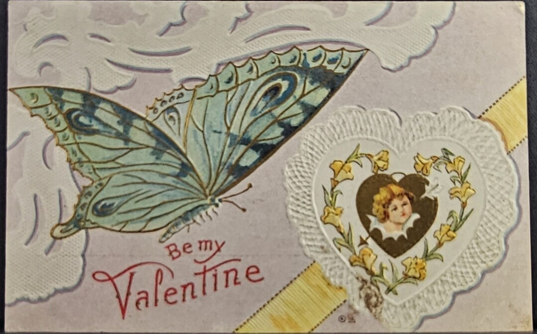 Valentine Postcard Blue Butterfly With Cupid in Heart Purple Background ...