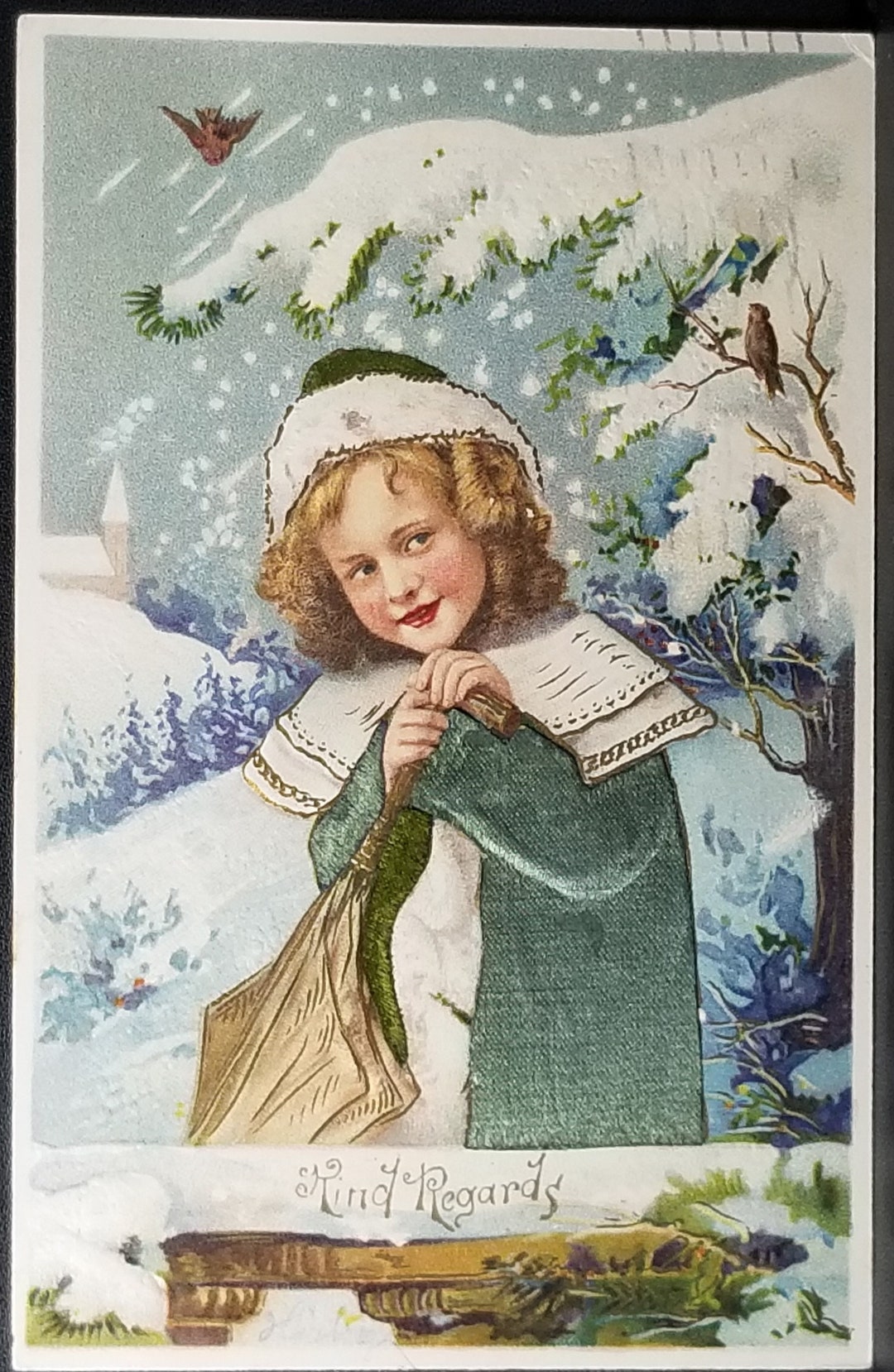 Greetings Postcard Kindest Regards Child in Silk Applied Green Jacket ...