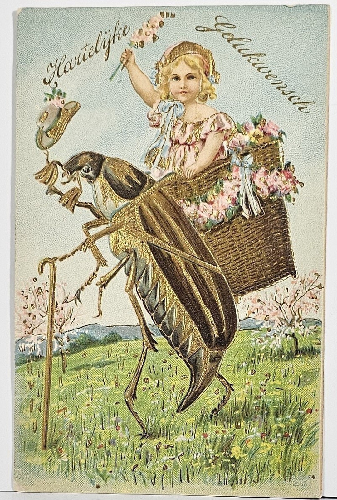 German Greetings Postcard Child Riding Anthropomorphic Grasshopper in ...