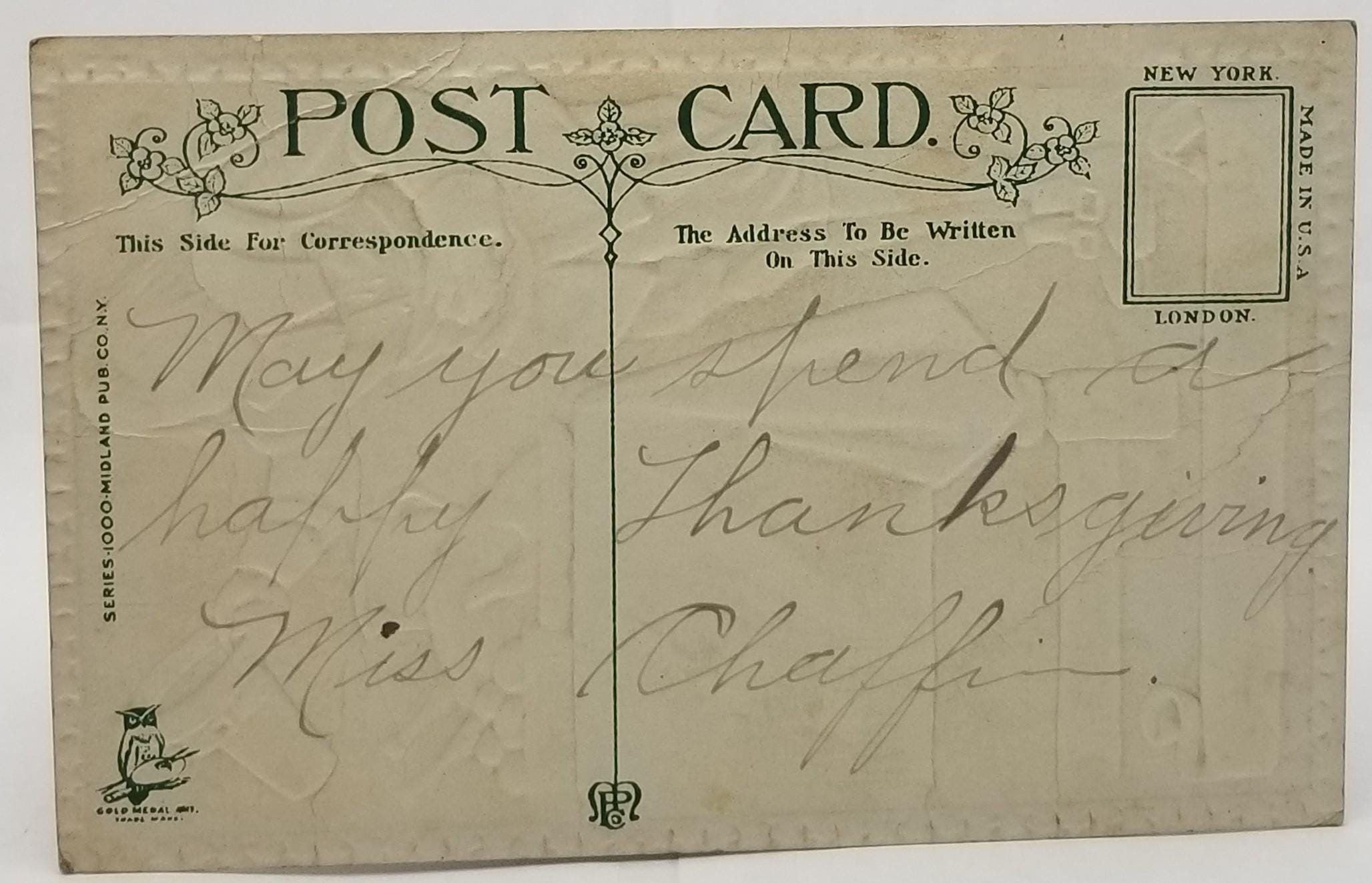 Thanksgiving Postcard Pilgrim Man Holding Hat With Turkey on Table Red ...