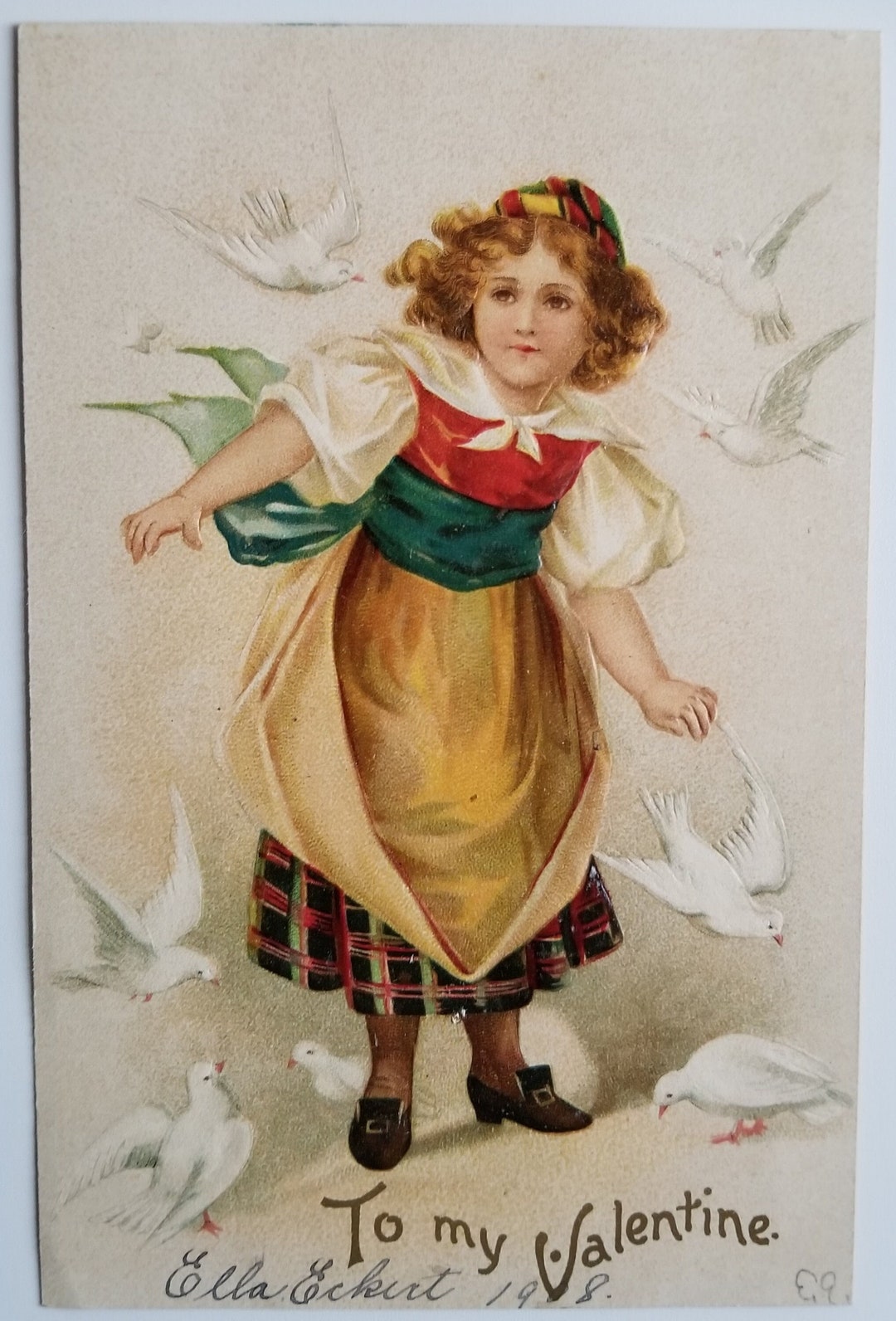 Valentine Postcard Artist Ellen Clapsaddle Girl With Doves IAP - Etsy