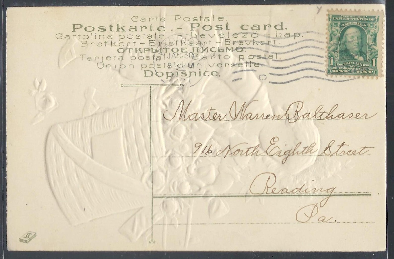 Best Wishes Postcard Embossed Child With Basket of Roses Otto Schloss ...