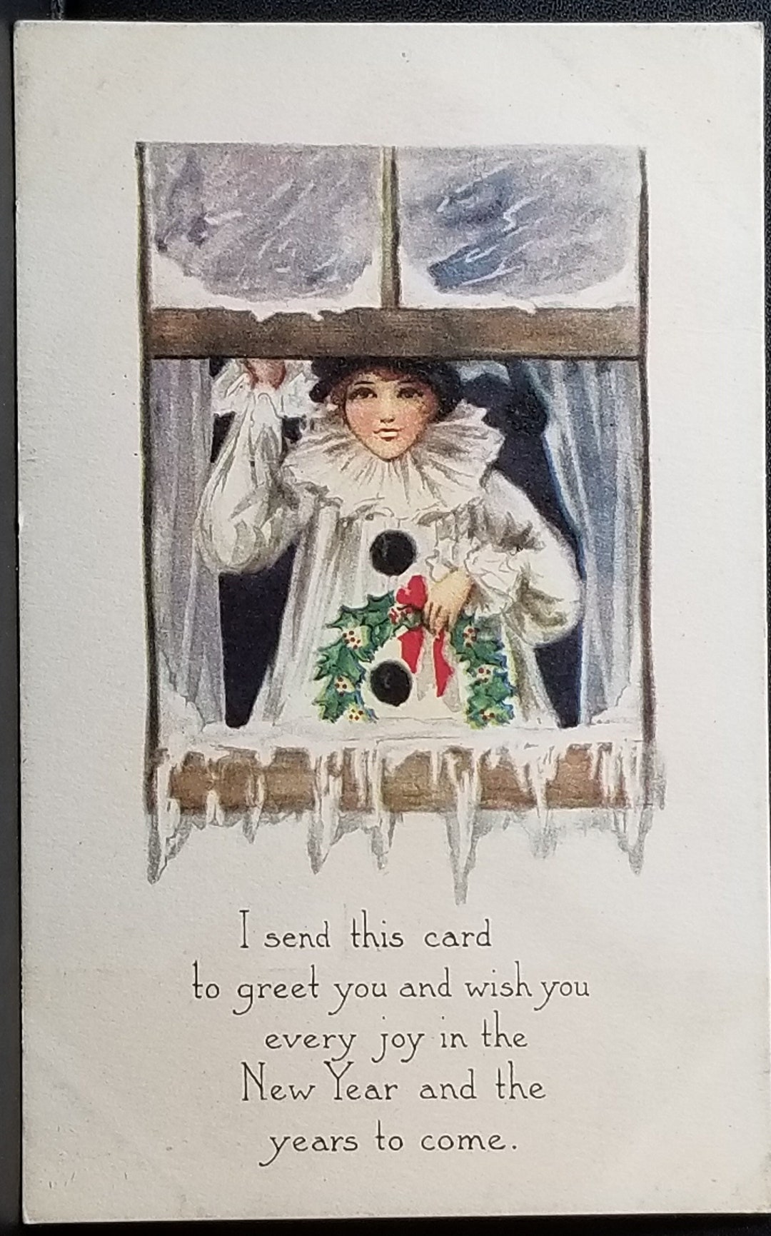 New Year Postcard Pierrot Clown Woman in Window Art Deco Card Series ...