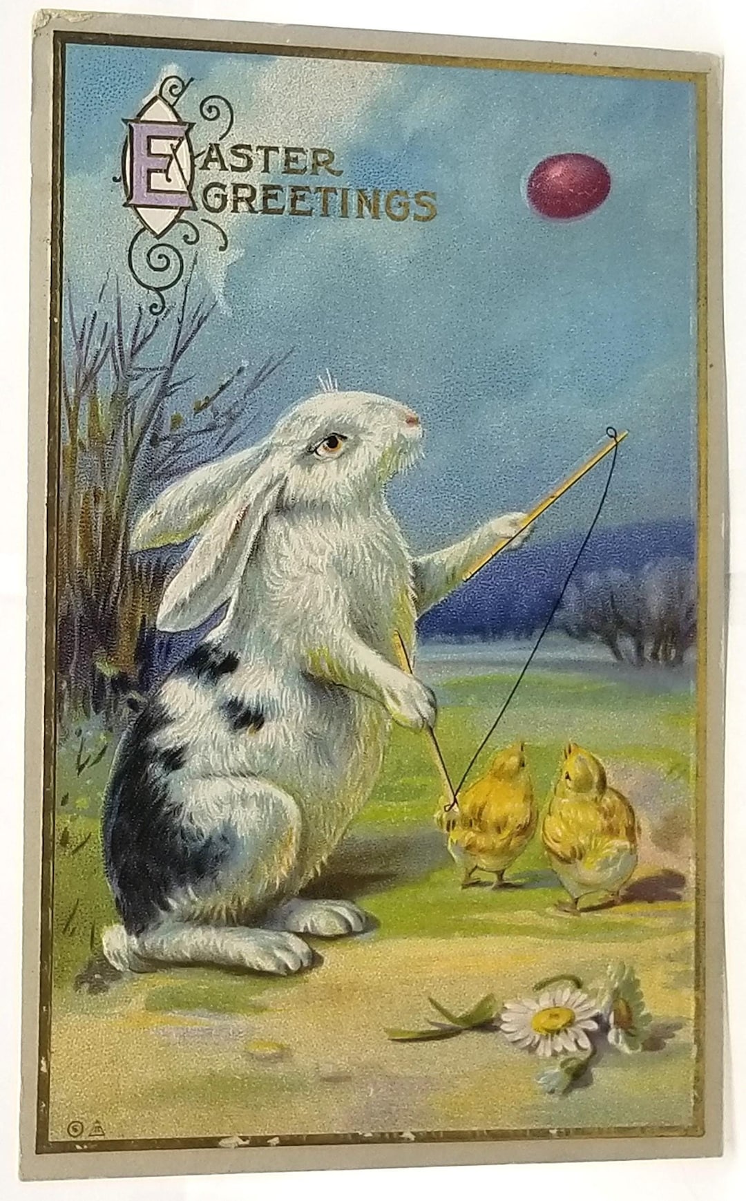 Vintage Easter Postcard, Antique Easter Post Card, Bunny Rabbit Playing ...