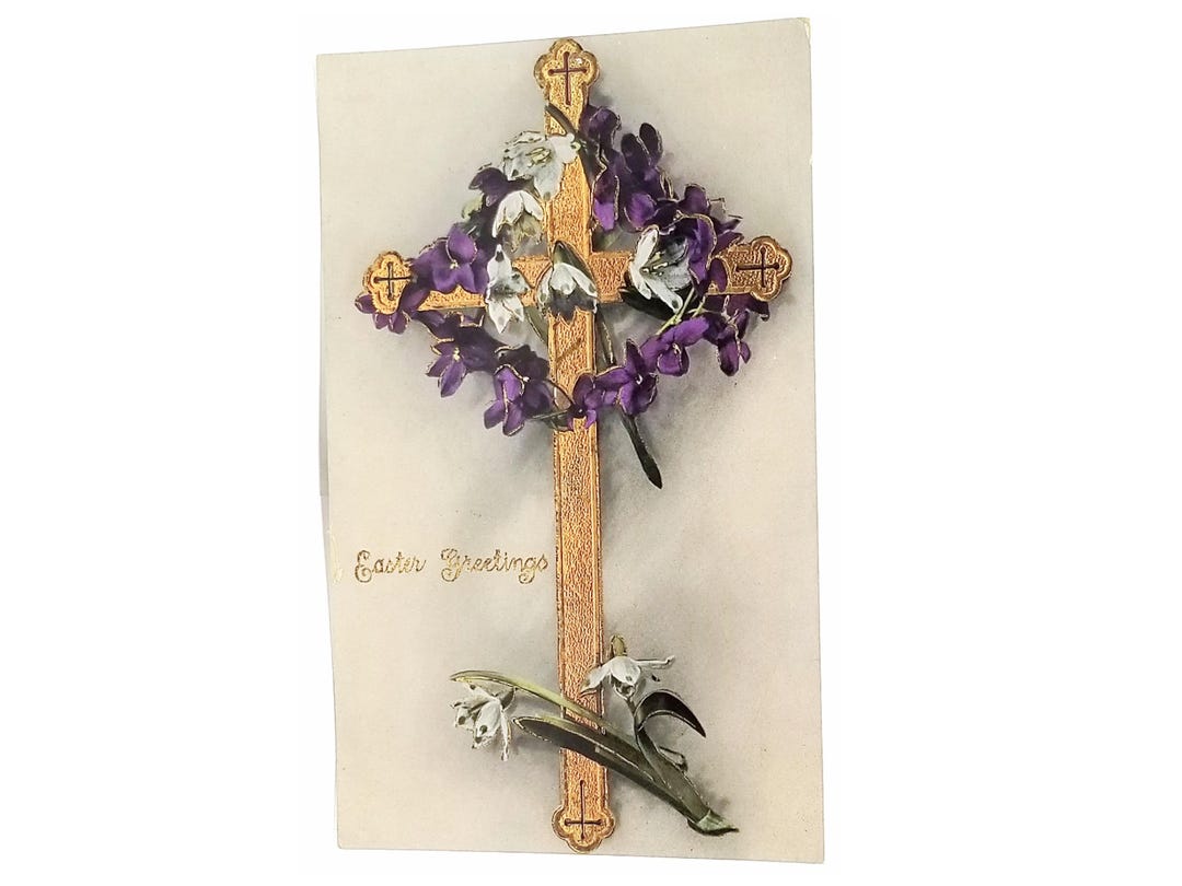 Antique Vintage Easter Postcard, Gold Embossed Cross With Violet Floral ...