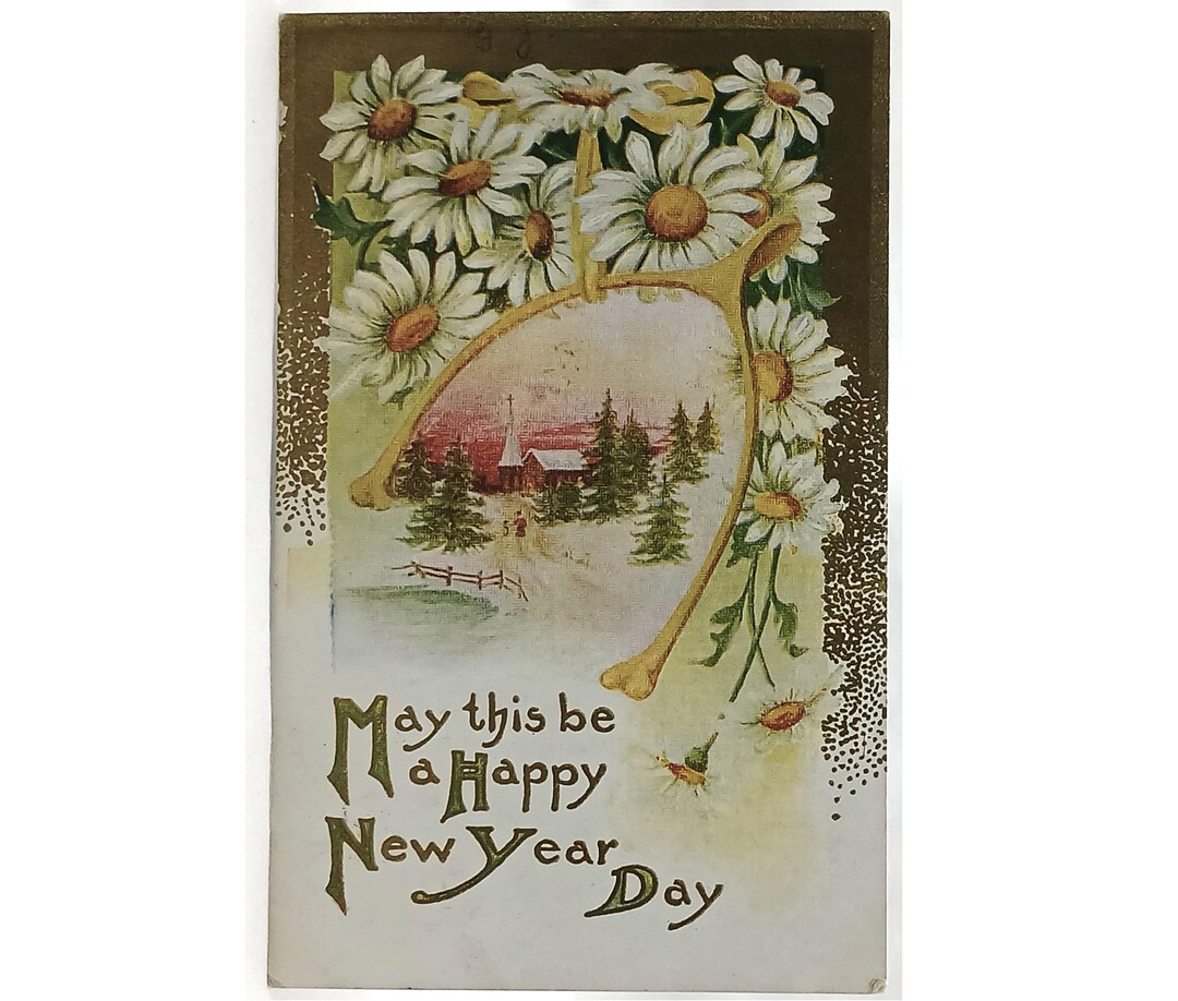 New Year's Postcard Gold With Daisies Good Luck Wishbone Series 74 - Etsy