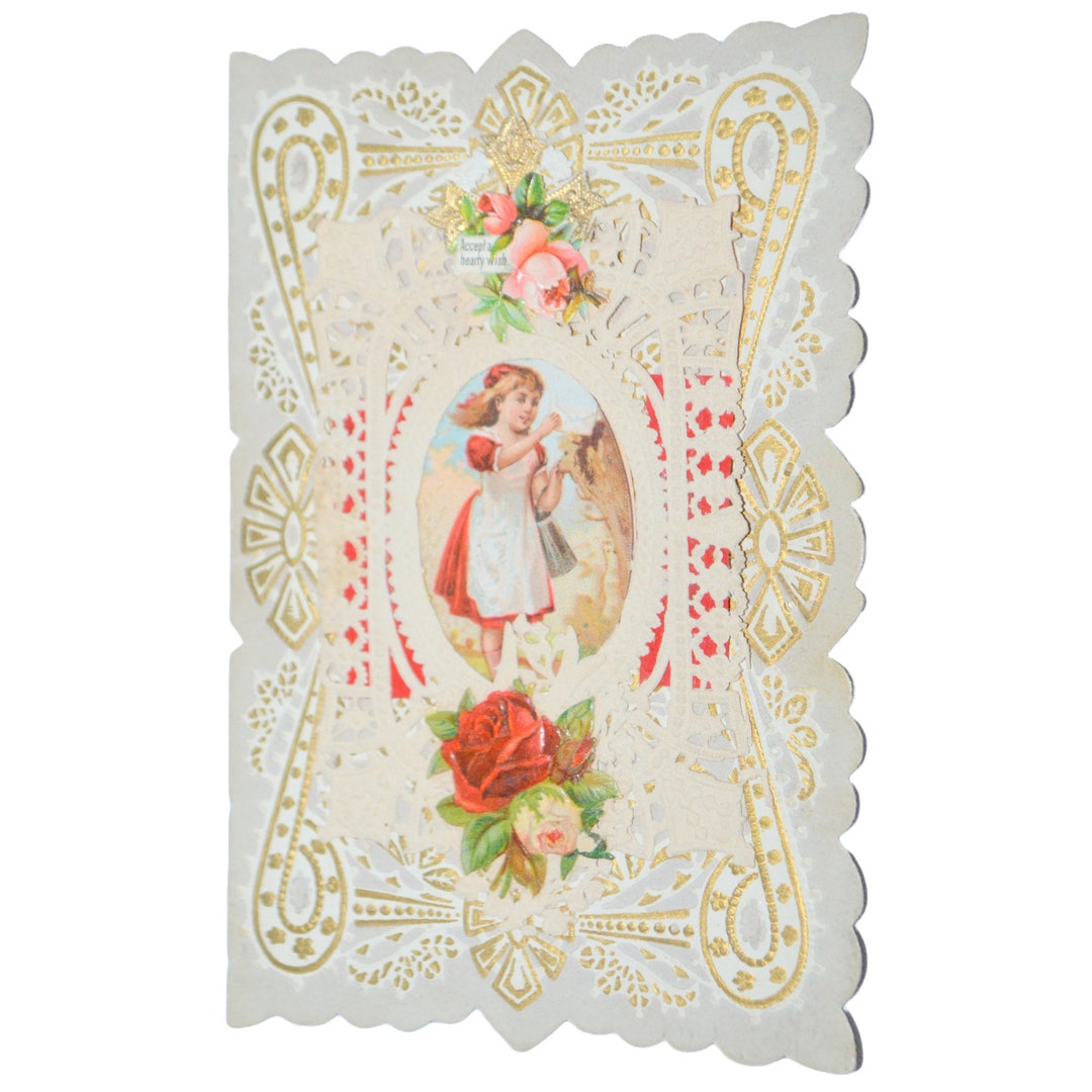 Die Cut Embossed Antique Valentine Card Dresden Paper Lace Gold With ...