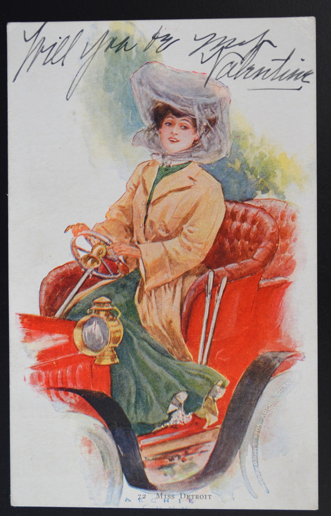 Artist Postcard Archie Gunn Miss Detroit Woman Driving Car - Etsy