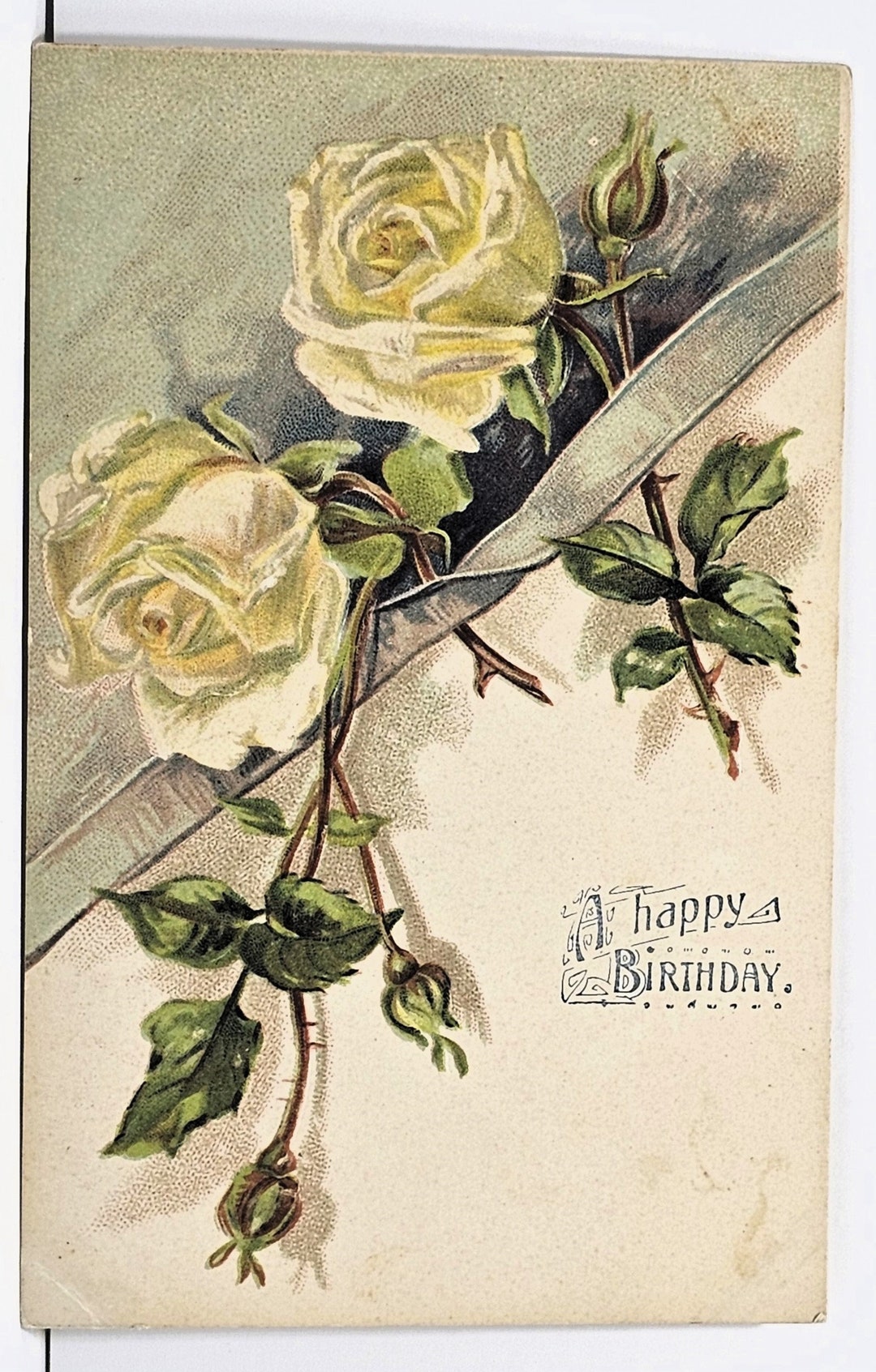 Flower Postcard Happy Birthday White Roses Against a Ribbon - Etsy