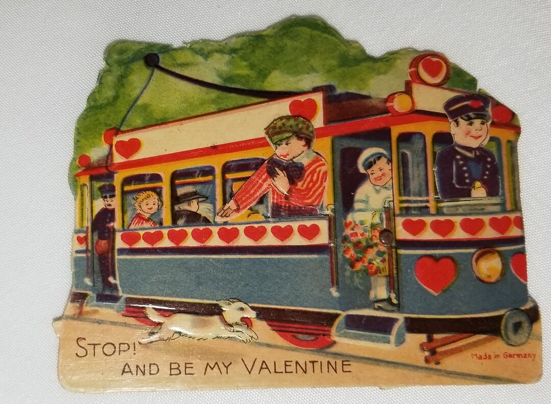 Mechanical Valentine Card Trolley Car With Children & Chasing Dog Made ...