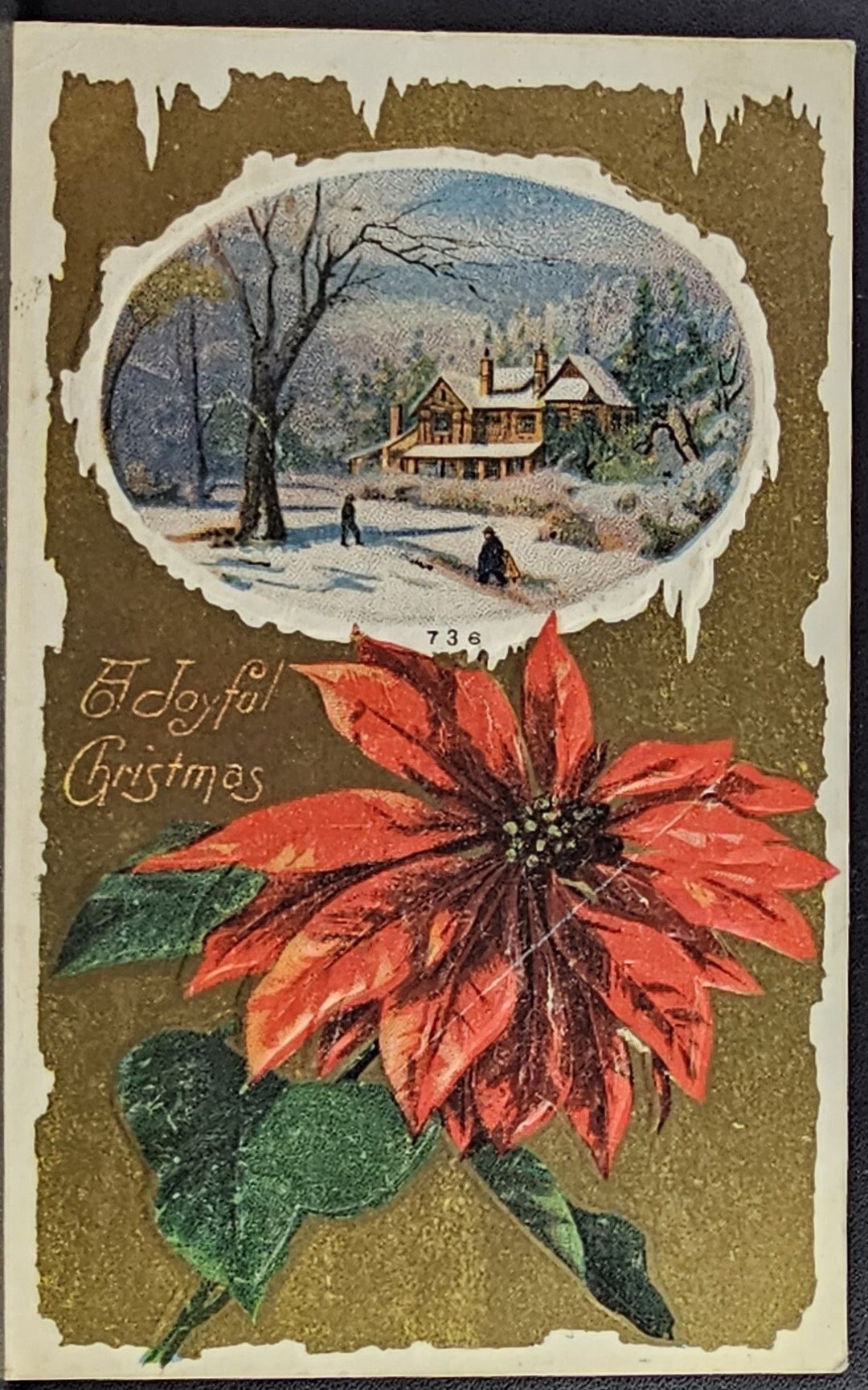 Christmas Postcard Gold Background With Poinsettia & Landscape - Etsy