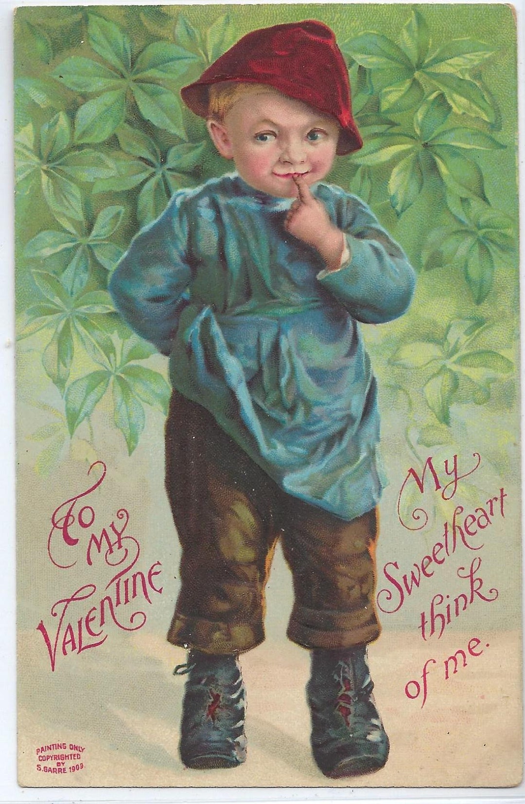 Valentine Postcard Boy in Leaves My Sweetheart Think of Me Garre Pub - Etsy