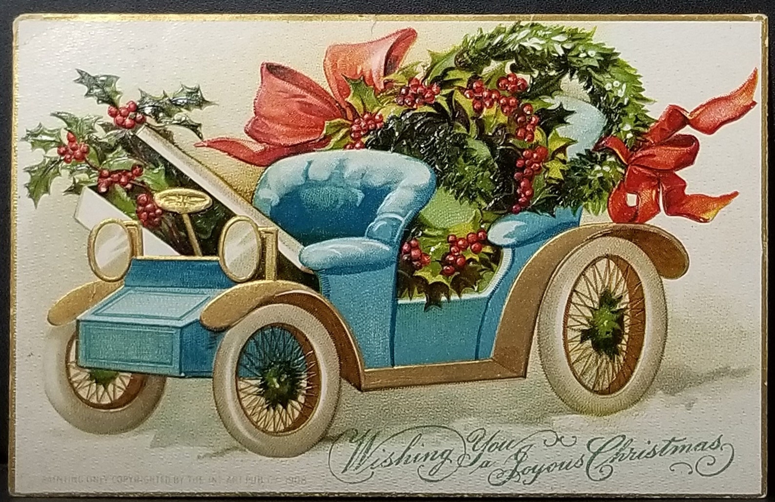 Christmas Postcard Blue Car With Holly and Wreaths Artist - Etsy