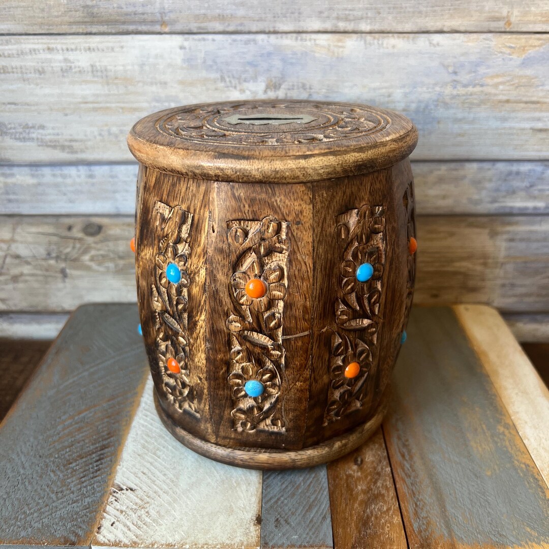 Vintage Hand Carved Wooden Large Barrel Money Box Piggy Bank Lockable ...
