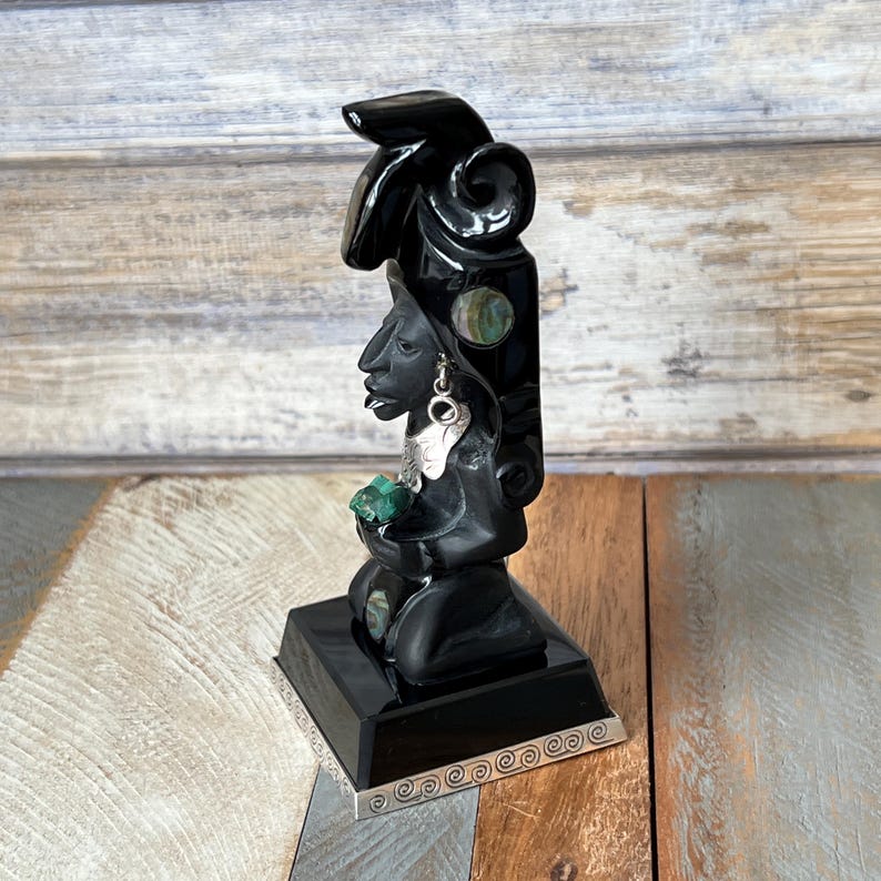 Vintage Obsidian Aztec Warrior Sculpture: Sterling Silver & Abalone ...