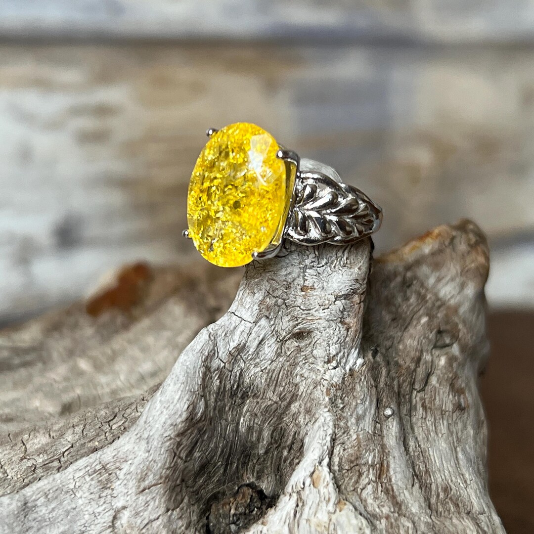 Vintage Sterling Silver and Oval Citrine Bright Yellow Stone Statement ...