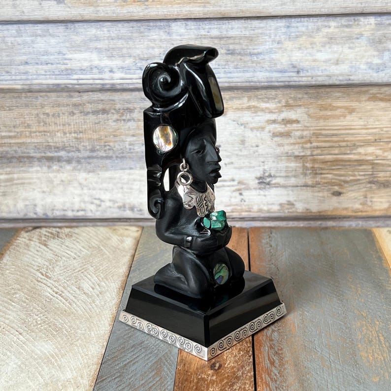 Vintage Obsidian Aztec Warrior Sculpture: Sterling Silver & Abalone ...