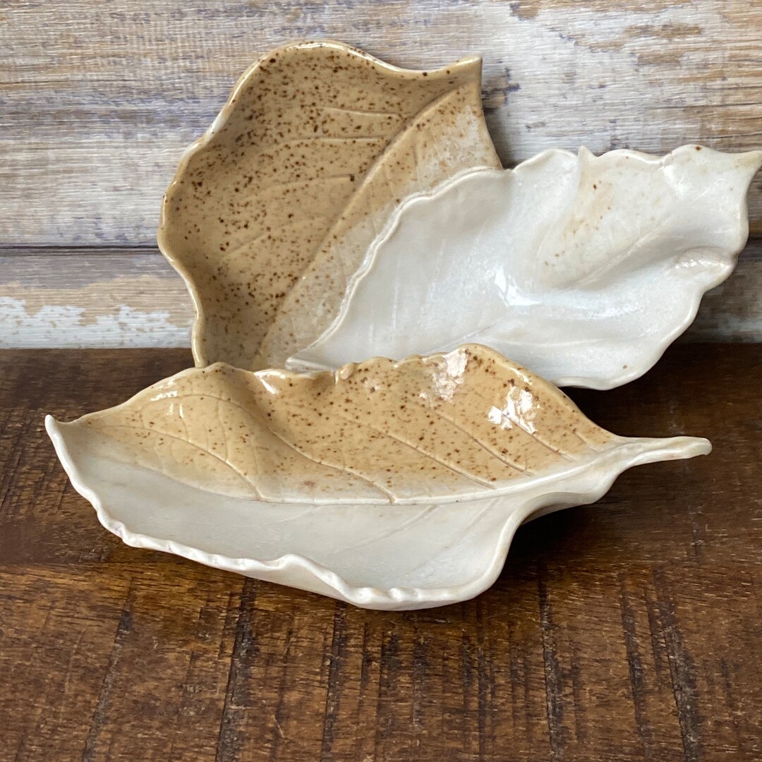 Vintage Handmade Studio Pottery Leaves Ornaments Ring Plates Beige and ...