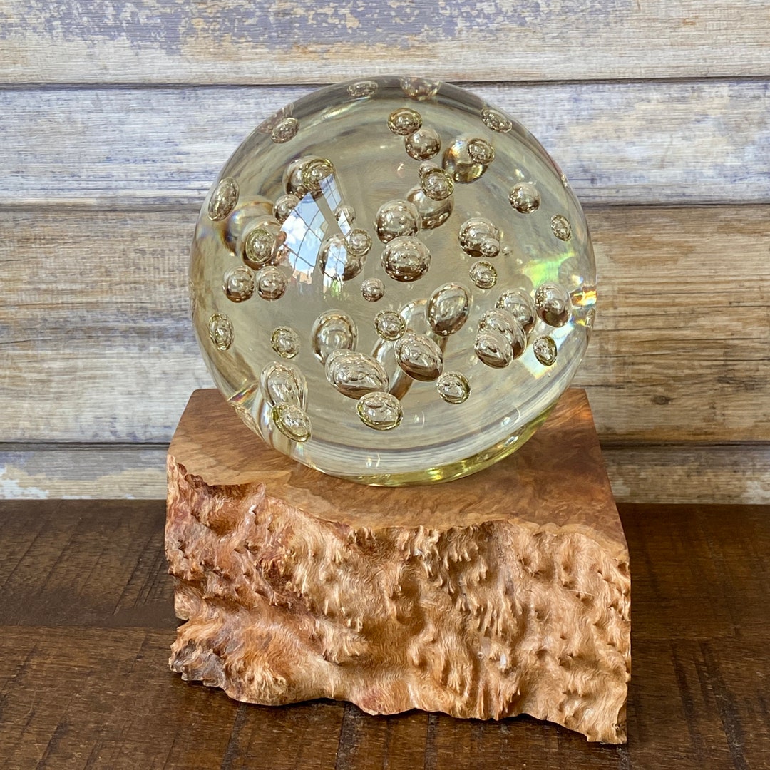 Vintage Large Clear Glass Controlled Bubbles Paperweight on Maple Burl ...