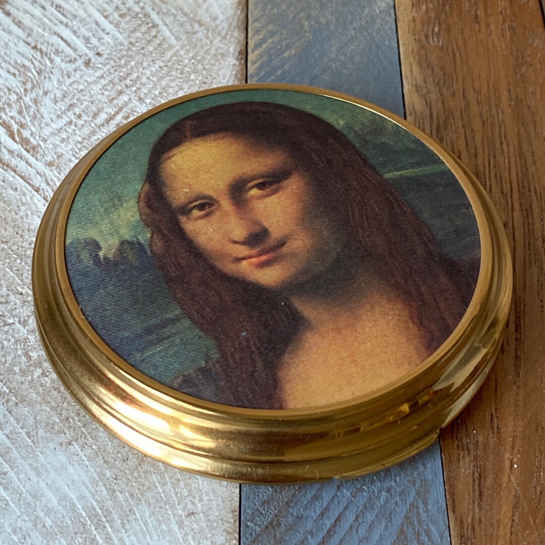 Vintage Gold Toned Mona Lisa Powder Compact Box With Mirror Never Used ...