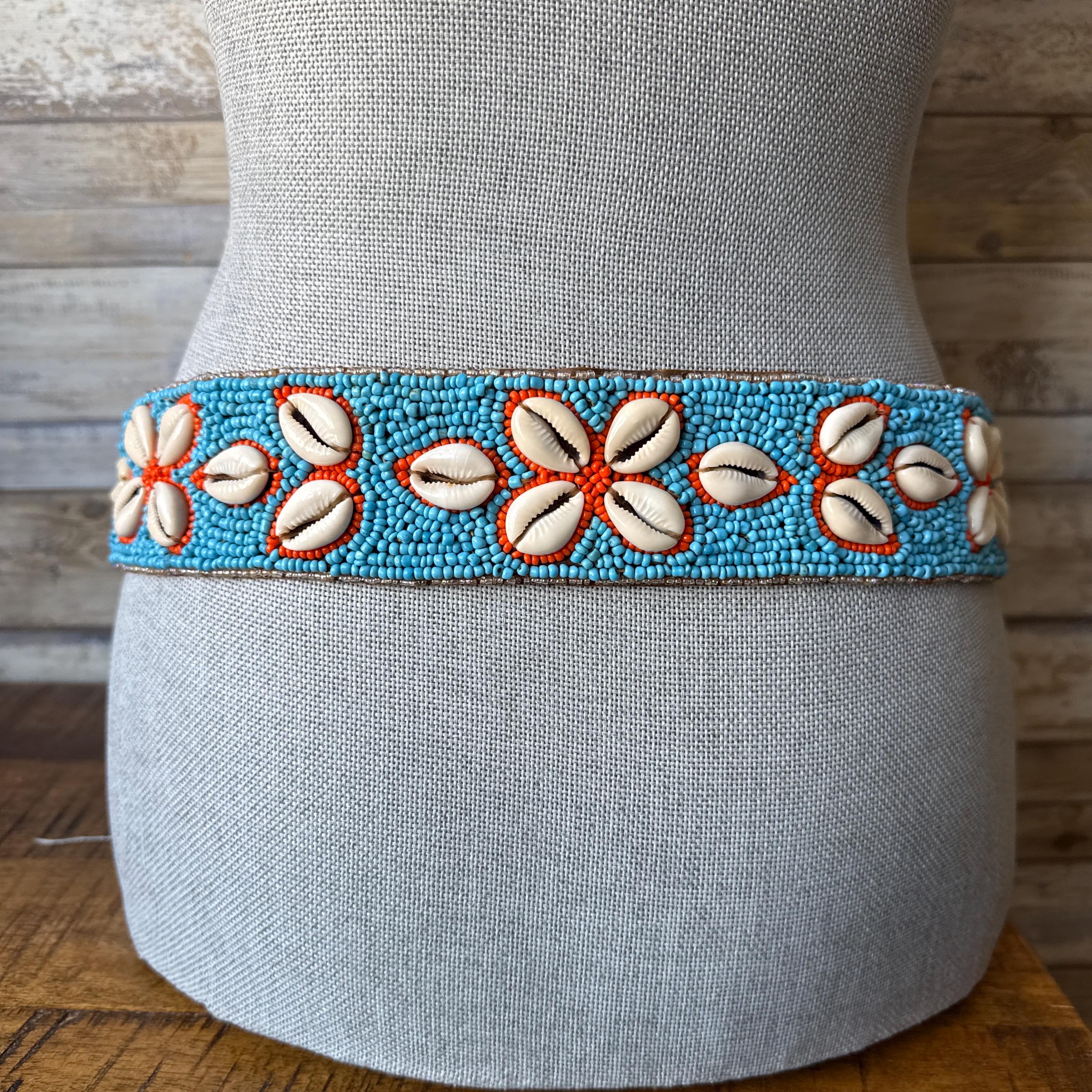 Handmade Vintage Tied Belt of Turquoise and Orange Seed Beads Cowrie ...