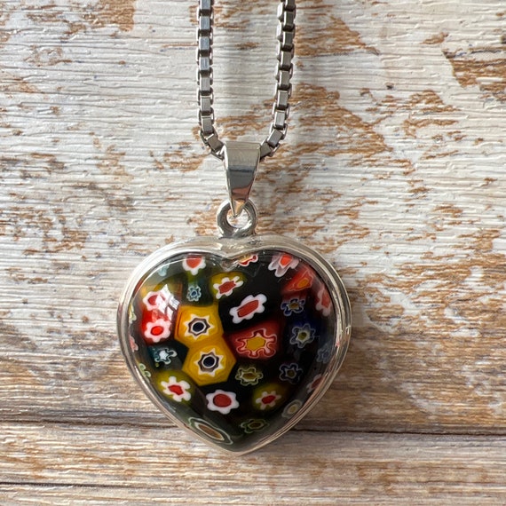 Vintage Sterling Silver Murano Glass Millefiori Heart… - Gem