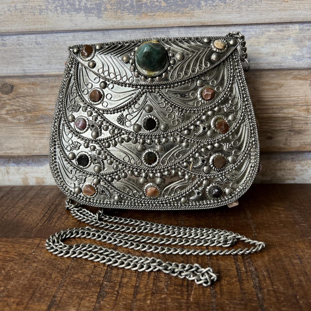 Vintage Silver Toned Metal Purse Embossed With Semiprecious Stones ...