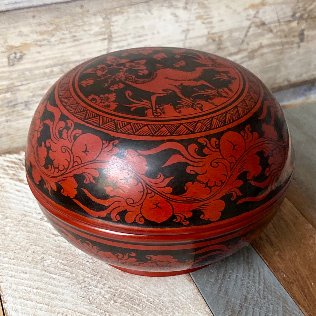Vintage Hand Painted Japanese Lacquer Round Box Red Black Deer and ...