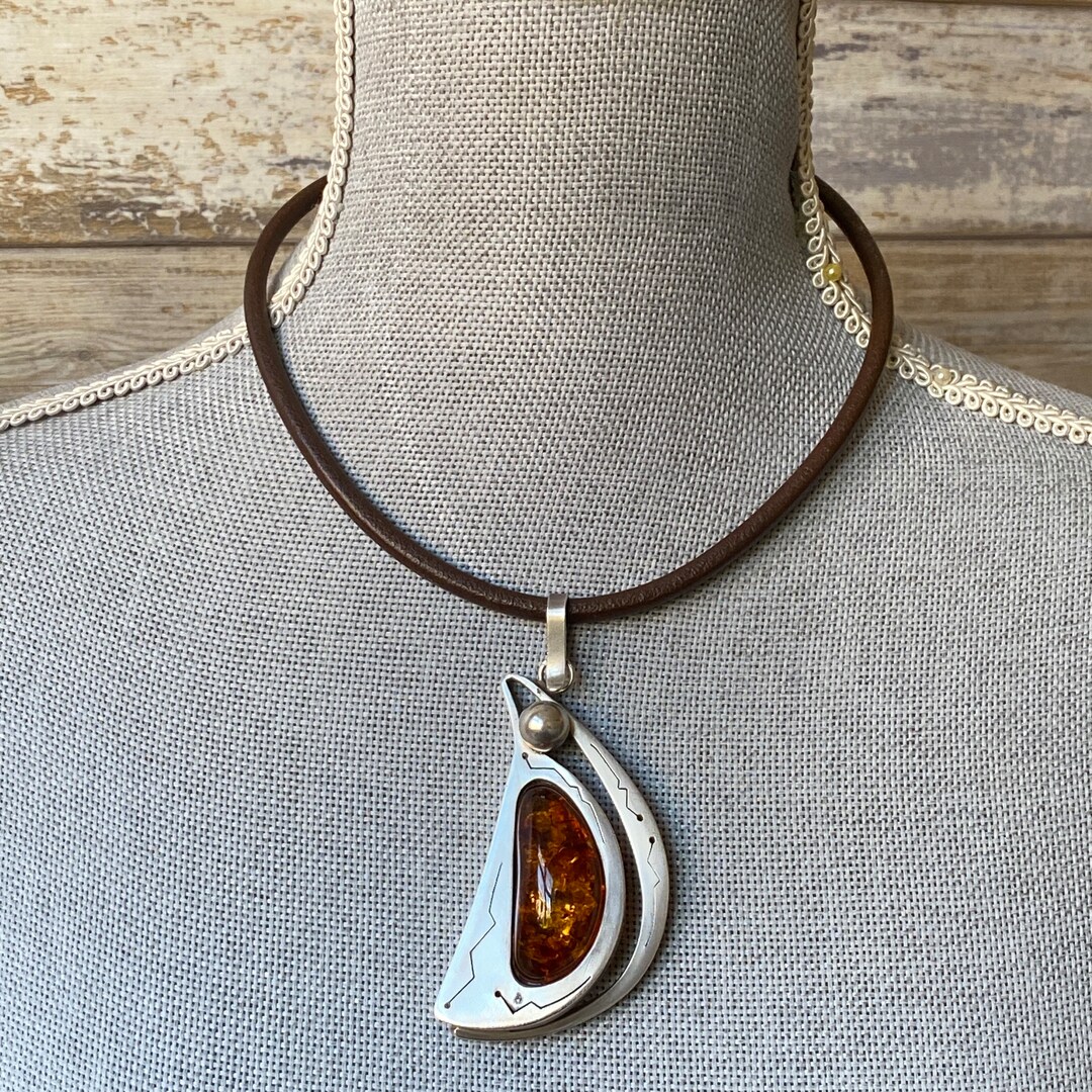Vintage Large Sterling Silver and Genuine Baltic Amber Crescent Pendant ...