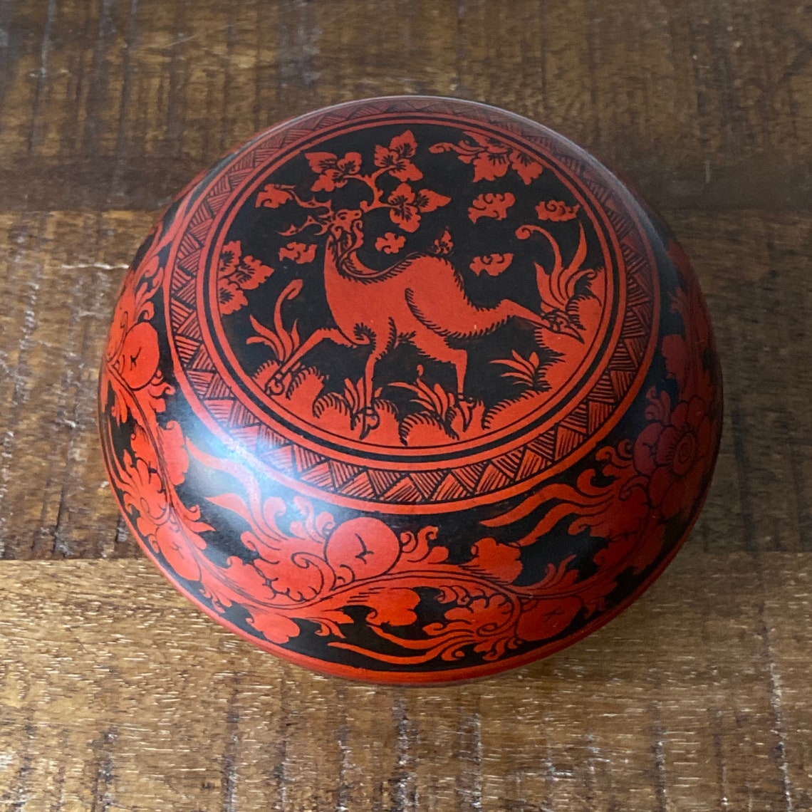 Vintage Hand Painted Japanese Lacquer Round Box Red Black Deer and ...