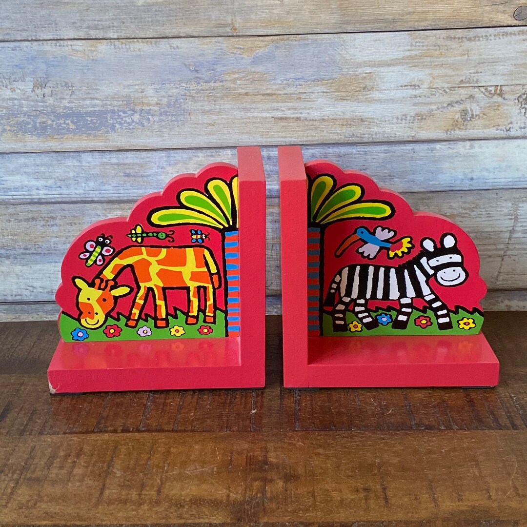 Vintage Handmade Wooden Hand Painted Pair of Kids Bookends With Cartoon ...