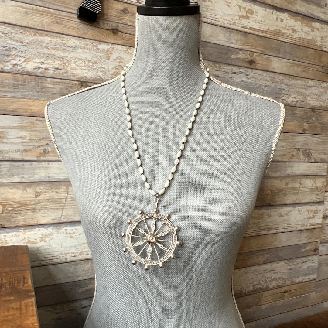 Vintage Solid Pure Silver the Dharma Wheel Pendant Necklace With Pearly ...