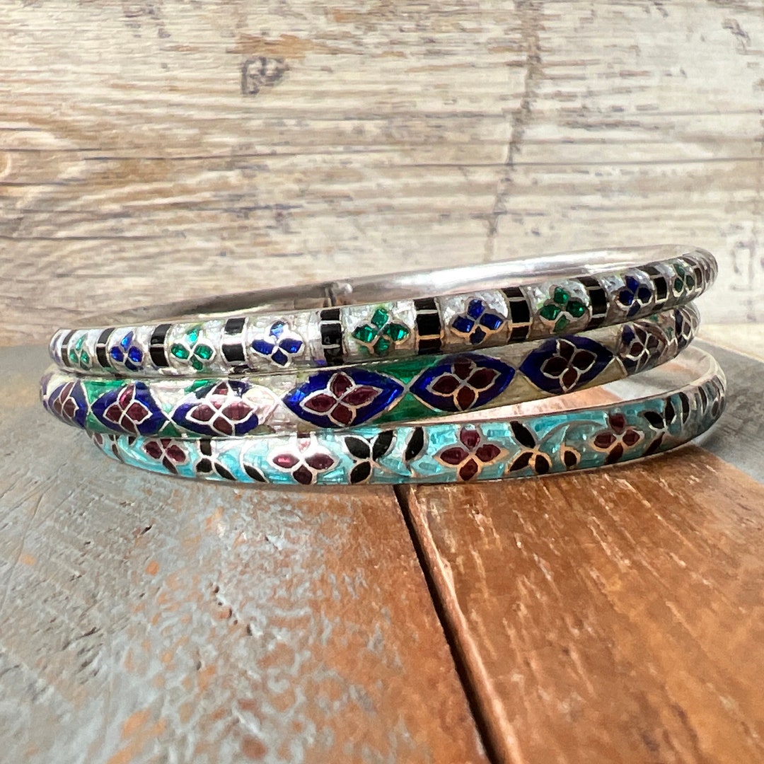 Vintage Sterling Silver and Enamel Set of Three Stackable Bangles ...