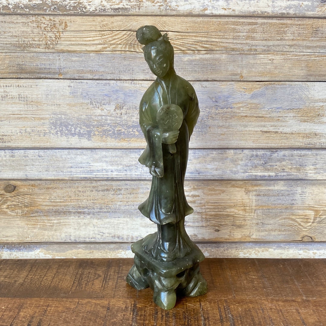 Antique Chinese Hand Carved Green Jade Nephrite Statue of Woman Lady ...