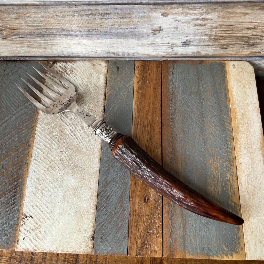 Antique Large Silver Serving Fork With Antler Handle Engraved Floral ...